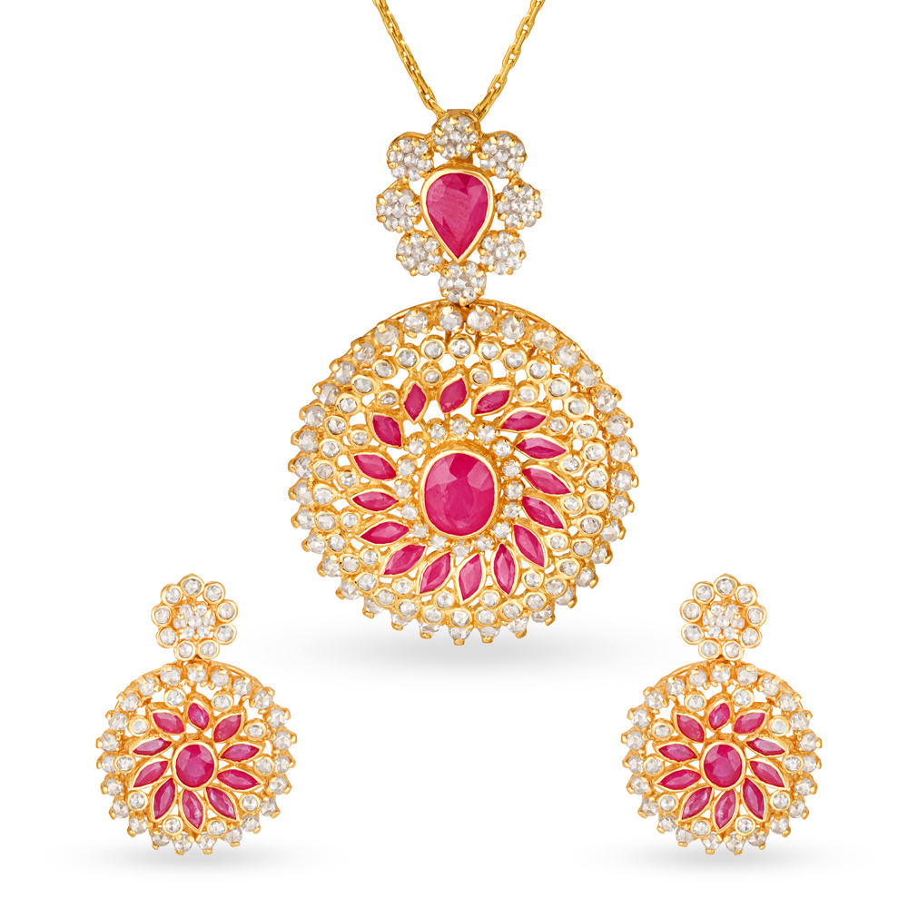 Buy Floral Motif Ruby Gold Pendant And Earrings Set at Best Price ...